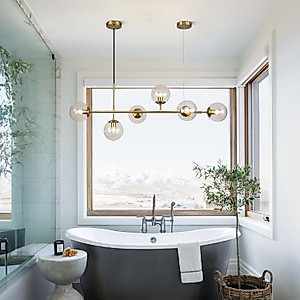 KCO Lighting Globe Linear Chandelier 6 Light Amber Glass Pendant Light Fixture Gold Kitchen Island Chandelier Lighting Long Brass Sputnik Chandelier Dining Room Ceiling Lights