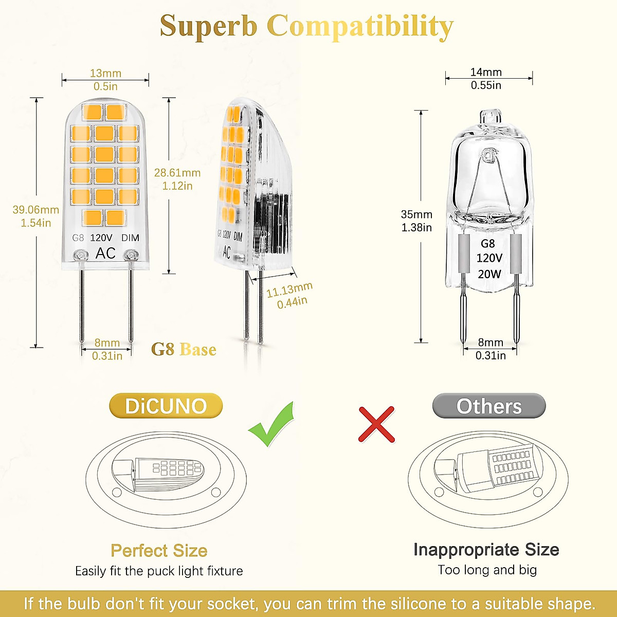 DiCUNO G8 LED Bulb Dimmable, 2W (20W Equivalent), Warm White 2700K, 120V, T4 JCD Type Bi-Pin Base Light Bulbs for Under Cabinet, Counter Lighting, 10-Pack
