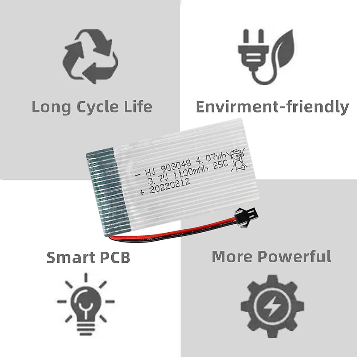 OooSure 5 pcs 3.7V 1100mAh 25C 903048 Rechargeable Lithium Batteries for RC Drone SM2P/JST/XH2.54/PH2.0connector (XH2.54)