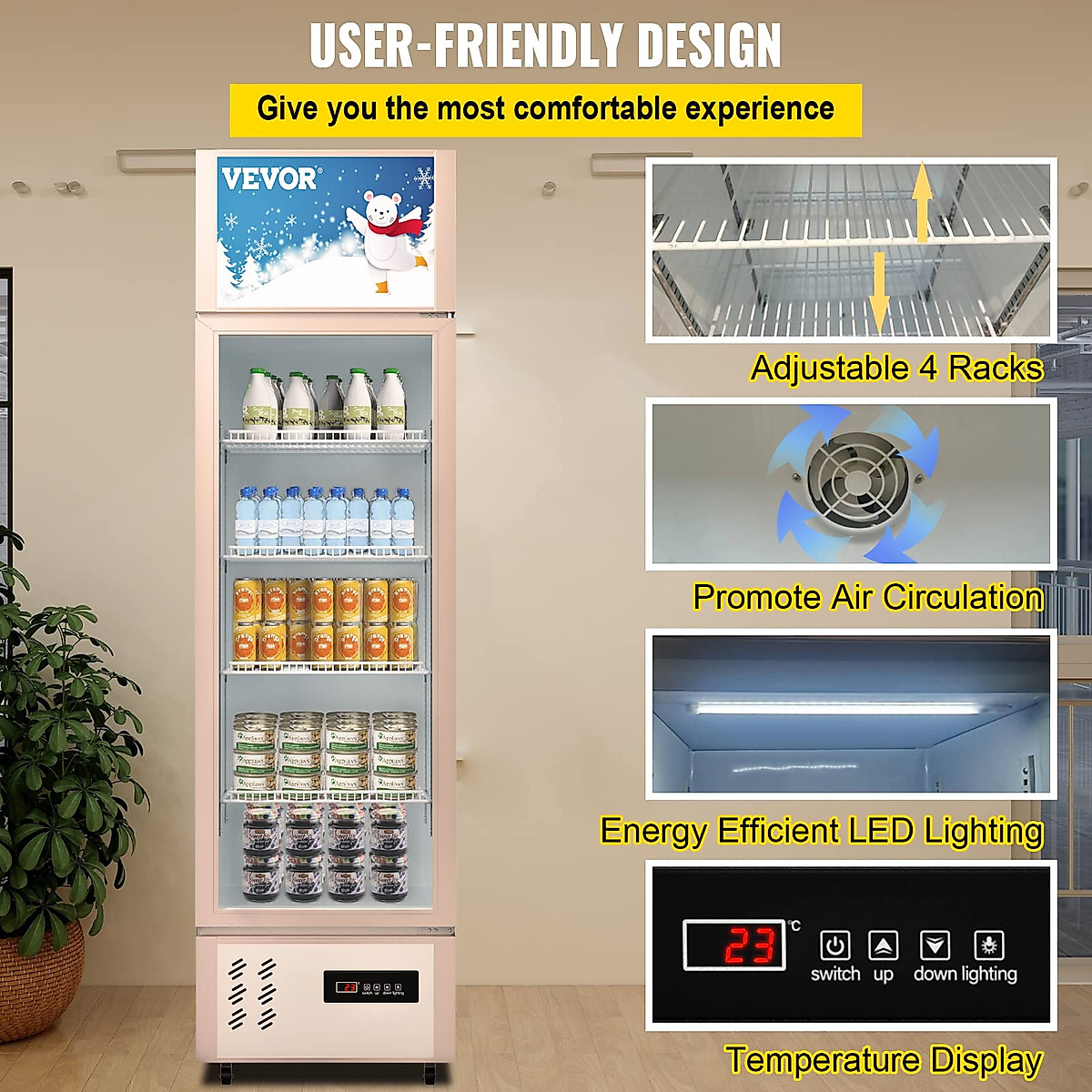 VEVOR Commercial Refrigerator,Display Fridge Upright Beverage Cooler, Glass Door with LED Light for Home, Store, Gym or Office, (11 cu.ft. Single Swing Door)