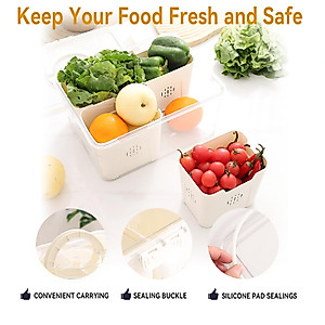 Awrotye Airtight Fridge Fruit Storage Containers with Lids - BPA-Free, Handle, and 4 Removable Colanders, Kitchen Organizers, Food Storage Containers for Fruit, Vegetable, Entertaining, Party, Picnic