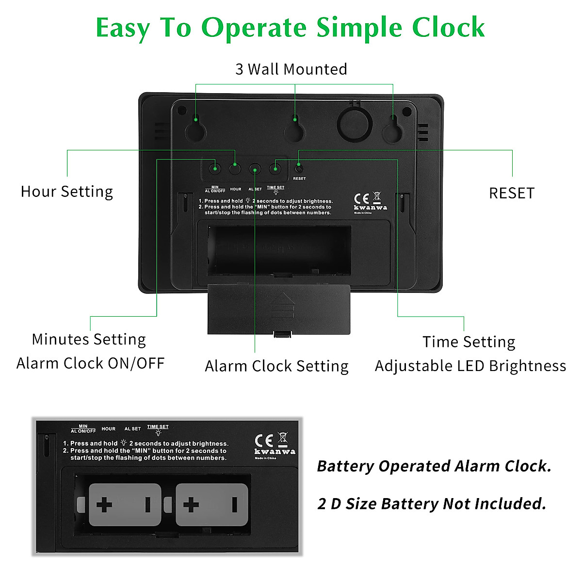 KWANWA Alarm Clock, Wall Clock, Digital Clock, 3" LED Digit Display, Battery Operated, Adjustable Brightness, Auto Night Mode, Auto Alarm Volume Increasing, Wall-Mount & Table-top