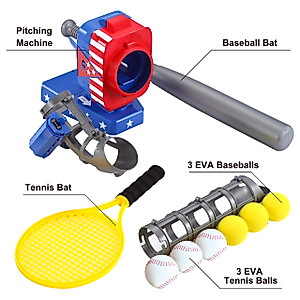 JOYIN 2 in 1 Automatic Pitcher Play Set, Toy Tennis and Baseball Pitching Machine, Tennis Baseball Training Toy Set for Kids Backyard Outdoor Pitcher Game, Patriotic American USA Flag Baseball Toy
