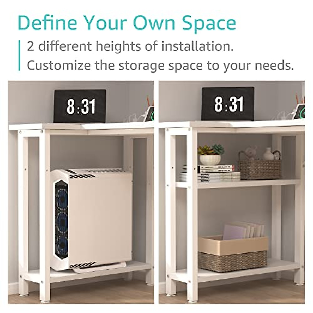 Lufeiya White L Shaped Computer Desk with Power Outlet Shelves, 40 Inch Small Corner Desk for Small Space Home Office, L-Shaped Desk PC Desks, White