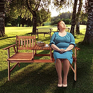 HCY Outdoor Bench, Garden Bench Patio 2 Person Chair Front Porch Decor Middle Table Conversation Sets with Umbrella Hole Backrest Armrests,for Outdoor, Park, Yard (Natural ,60 x 26x 34 Inches