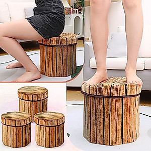 Amylove 3 Pack Tree Stump Storage Stool 12 x 12 Inch Stool Ottoman, Cute Folding Storage Toy Box with Foam Cushion, Collapsible Seat Chest (Novel)