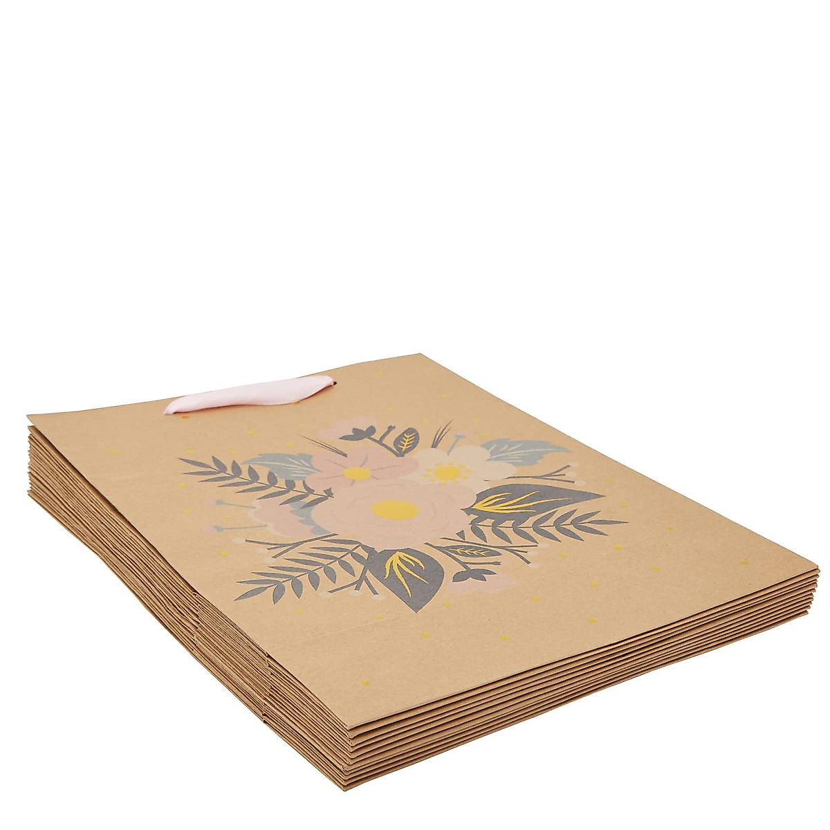 Juvale 12 Pack Kraft Paper Floral Gift Bags with Ribbon Handles + 20 Sheets Tissue Paper for Bridal Shower, Tea Party, Wedding Favors (10 x 13 In)