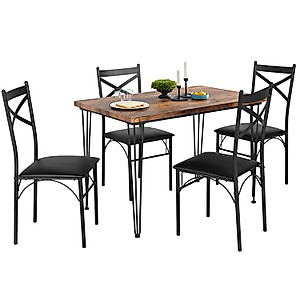 VECELO 5-Piece Set for Home Kitchen Small Space Breakfast Nook, 4 Faux Leather Metal Frame Chairs, Dining Table for 4, Retro Brown