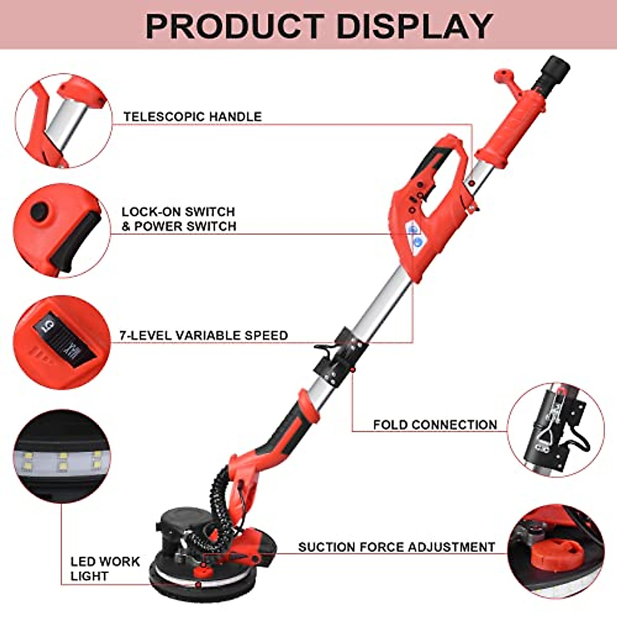 Seeutek Drywall Sander with Vacuum,800W Electric Sander,7 Variable Speed Power Sander,800-1750 RPM Wall Sander with Extendable Handle, LED Light, Long Dust Hose, Storage Bag,12pcs Sanding Paper