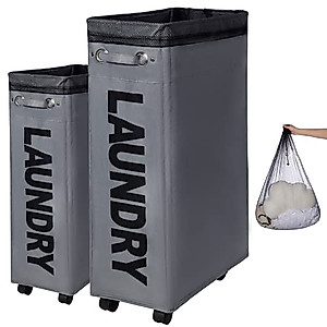 TWIRA 27.5”X-Large Rolling laundry basket with Removable Wash Bag on Wheels (4 Colors), Collapsible Slim Laundry Hamper,Foldable Corner Storage Bins (Dark Grey)
