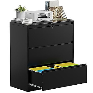 Hak Metal 3 Drawer Lateral File Cabinet with Lock, Black Office File Cabinet for Storing Legal/Letter A4 Size File, Mordent Locking Lateral Filing Cabinets for Home Office (Black)