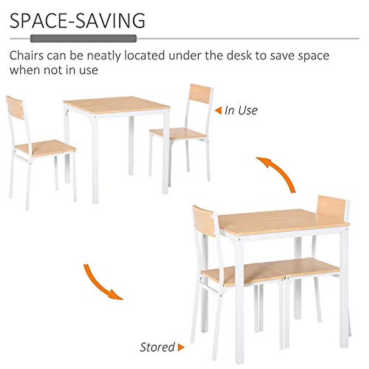 HOMCOM 3-Piece Wooden Square Dining Table Set with 1 Table and 2 Chairs and Sturdy Metal Frame for Small Space, White