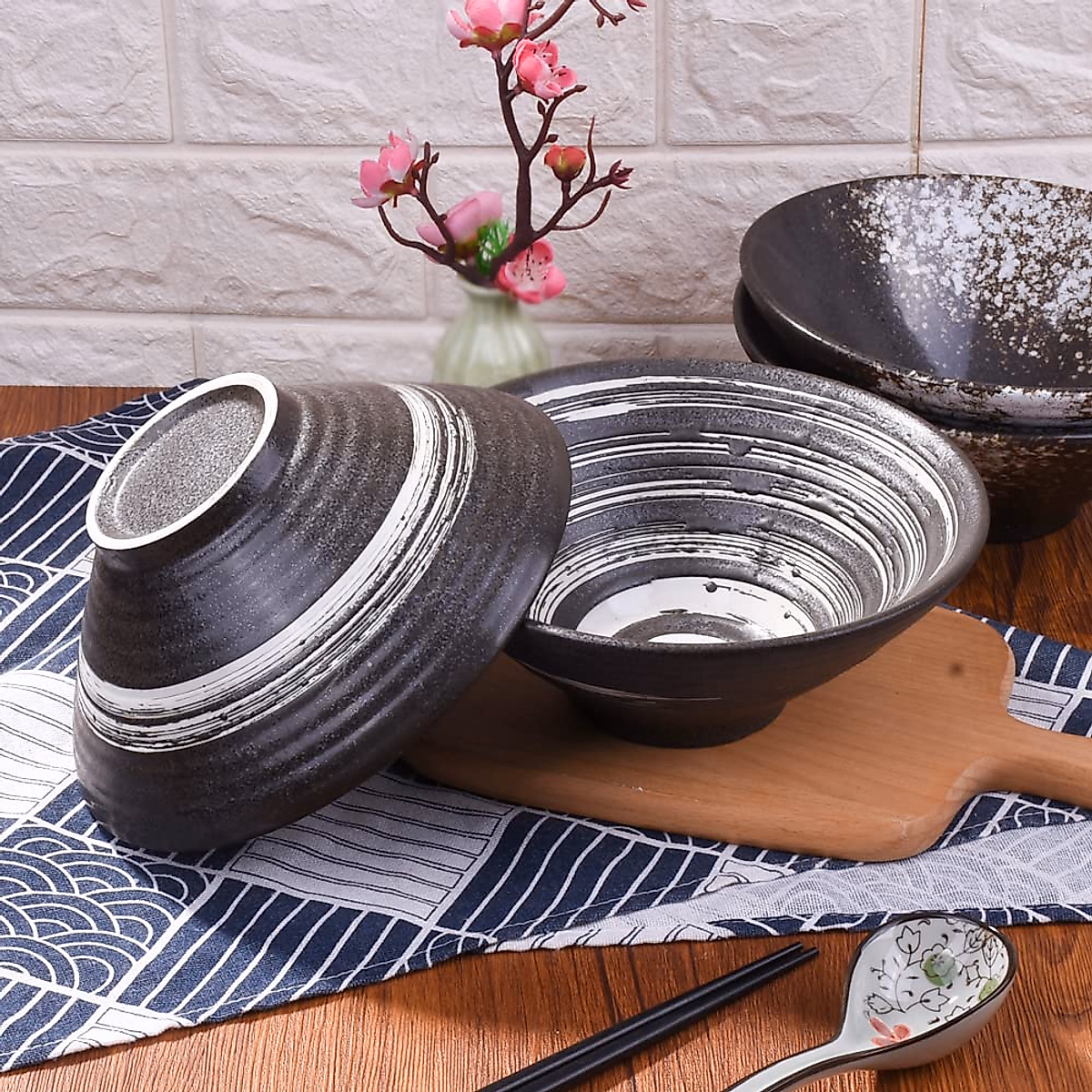 Japanese Ramen Bowls Set, 32 OZ Ceramic Noodle Soup Cereal Bowls (BSB)