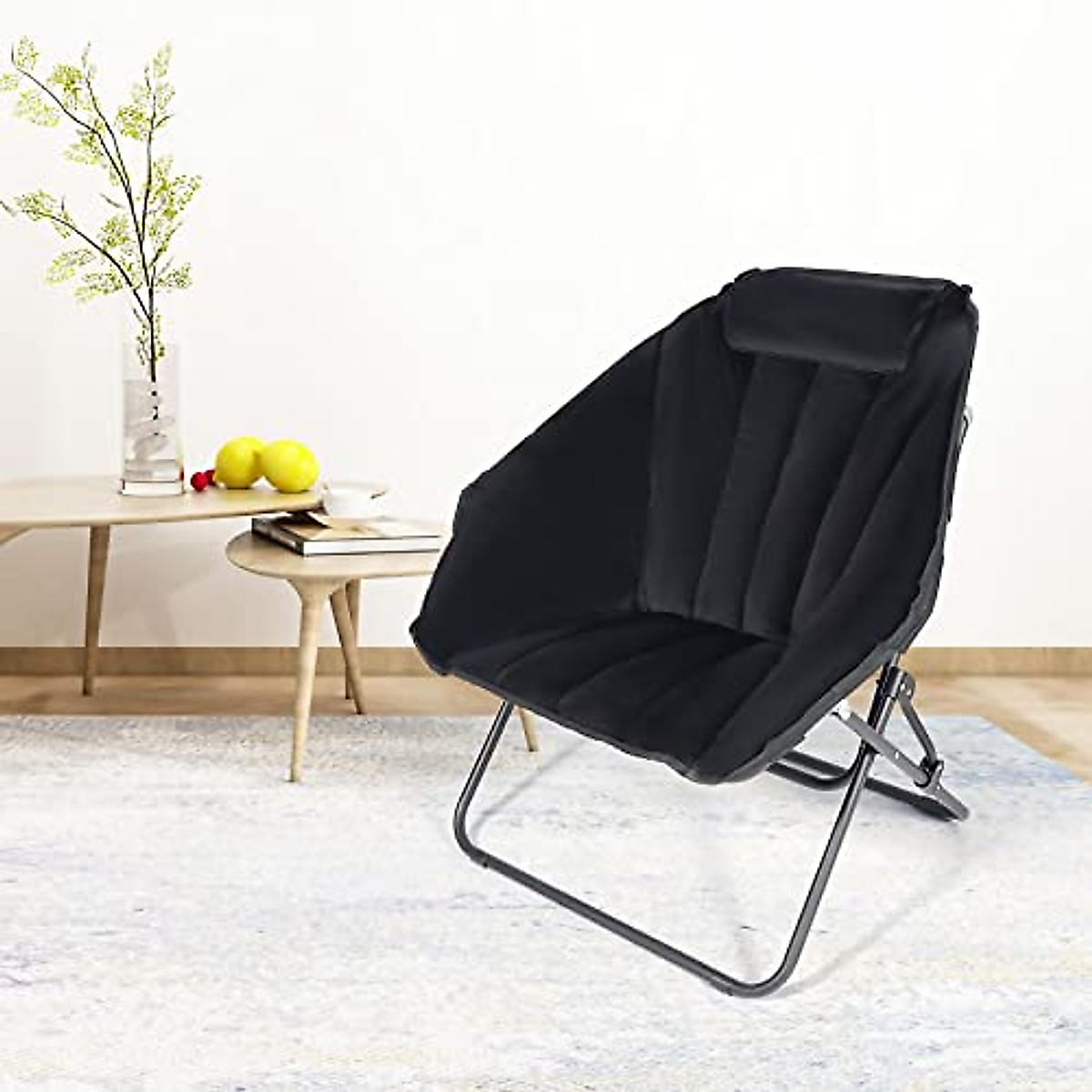 Stonehomy Oversized Folding Saucer Chairs for Adults, Soft Thick Velvet Round Moon Circle Chairs for Bedrooms Living Room, Black