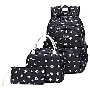Goldwheat 3Pcs Dog Paw Prints Backpack and Lunch-Bag Set for Girls School Student Book Bag Middle School-Bag