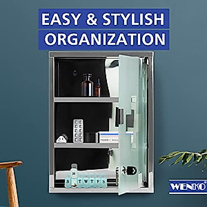 WENKO Medicine Cabinet with Lock, Wall mounted Bathroom Storage, Hanging Medical Cabinet, First Aid Wall Cabinet with Safety Glass Door, Modern, Medium, 11.8 x 15.7 x 4.7 in, Silver Shiny