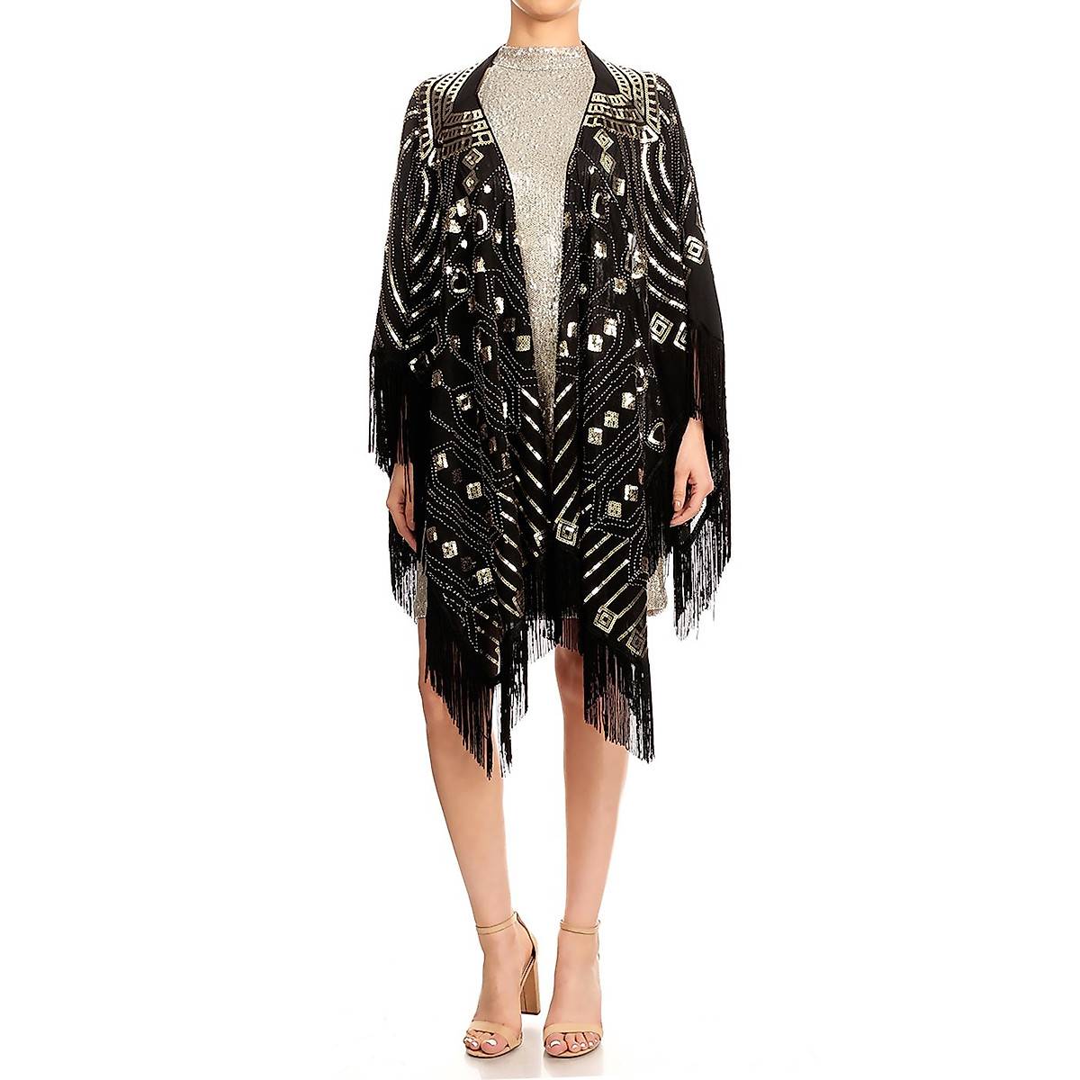 Anna-Kaci Womens Oversized Gatsby Hand Beaded Fringed Sequin Evening Shawl Wrap, Black+Gold, Onesize