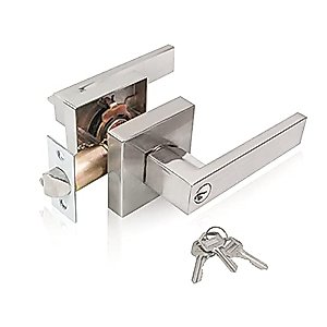 TooCust Square Front Door Handle with Lock, Heavy Duty Door Lock with Key, Brushed Nickel Door Levers with Adjustable Latch, Front Door Lock for Exterior/Interior, Left/Right Hand Reversible