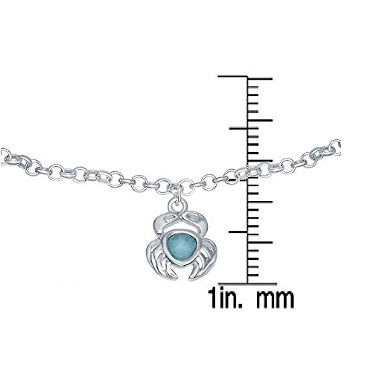 Sterling Silver Natural Larimar Nautical Turtle, Dolphin, Crab Charm 7+1" Bracelet