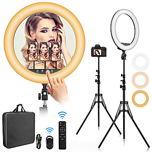 Ring Light 18 Inch with Tripod Stand, 55W 5700K Dimmable Selfie LED Ring Light with 73" Tripod Stand and 3 Phone Holder, Circle Light for Make Up, YouTube, Video Shooting, Live Stream, Vlog, CRI > 95