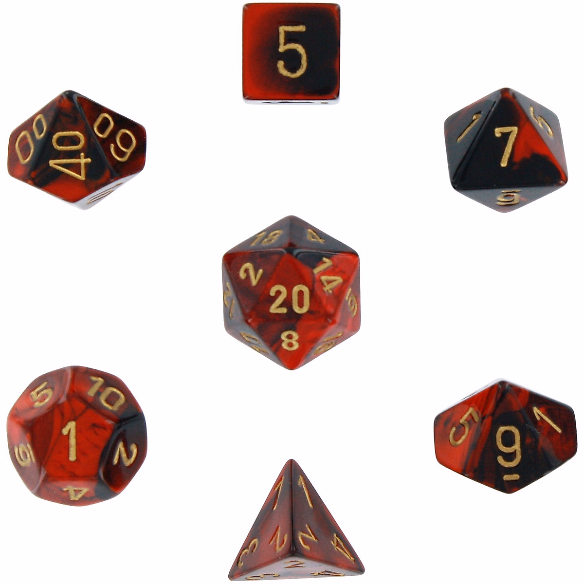 Chessex Manufacturing Polyhedral 7-Die Gemini Dice Set: Black & Red with Gold (d4, d6, d8, d10, d12, d20 & d00) CHX-26433