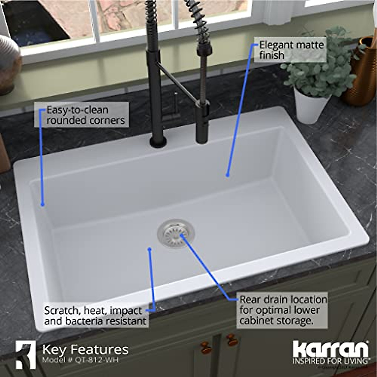 Karran QT-812 Top Mount 33 in. Large Single Bowl Quartz Kitchen Sink in White