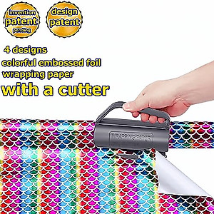 THMORT Mermaid Wrapping Paper Roll with a Cutter Kit for Girls&Boys,Kids Birthday Adults, Princess Pink Barbies 17 Inch X 120 Inch Gift Wrapping Paper Colorful Rainbow Happy Birthday wrapper.