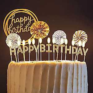 BEAN LIEVE Birthday Candles Set - Cake Topper Decoration with Cake Candles Confetti Balloon Stars and Fan Cupcake Toppers 12 Pieces Birthday Cake Decor for Birthday Party Celebration (Gold)