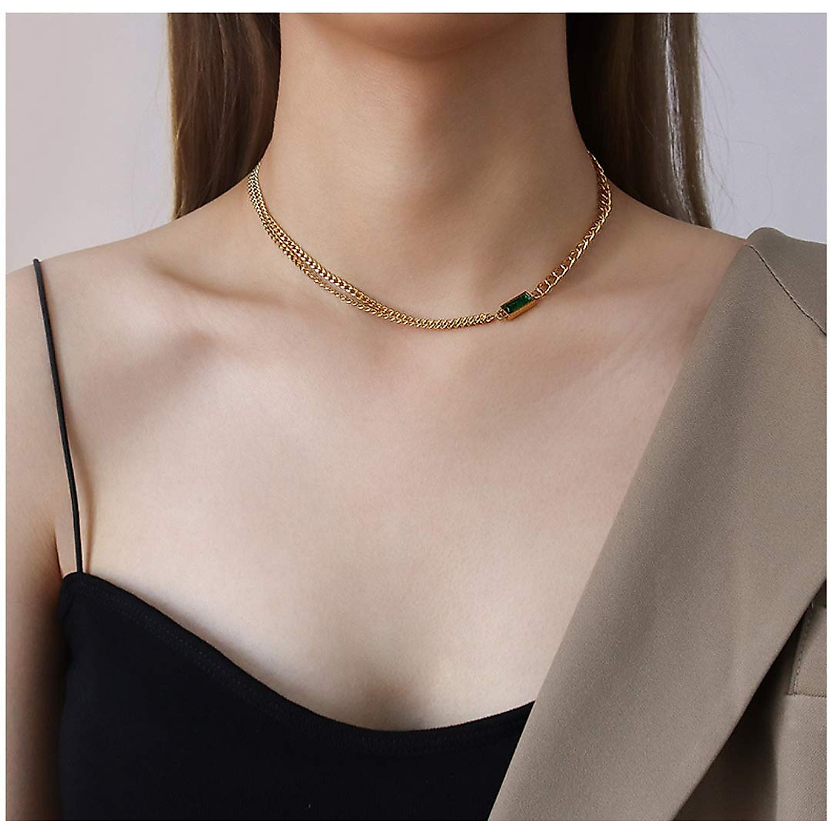 JA.S.JR 18K Gold Plated Emerald Choker Necklaces Chain Necklace Gold Statement Necklaces for Women