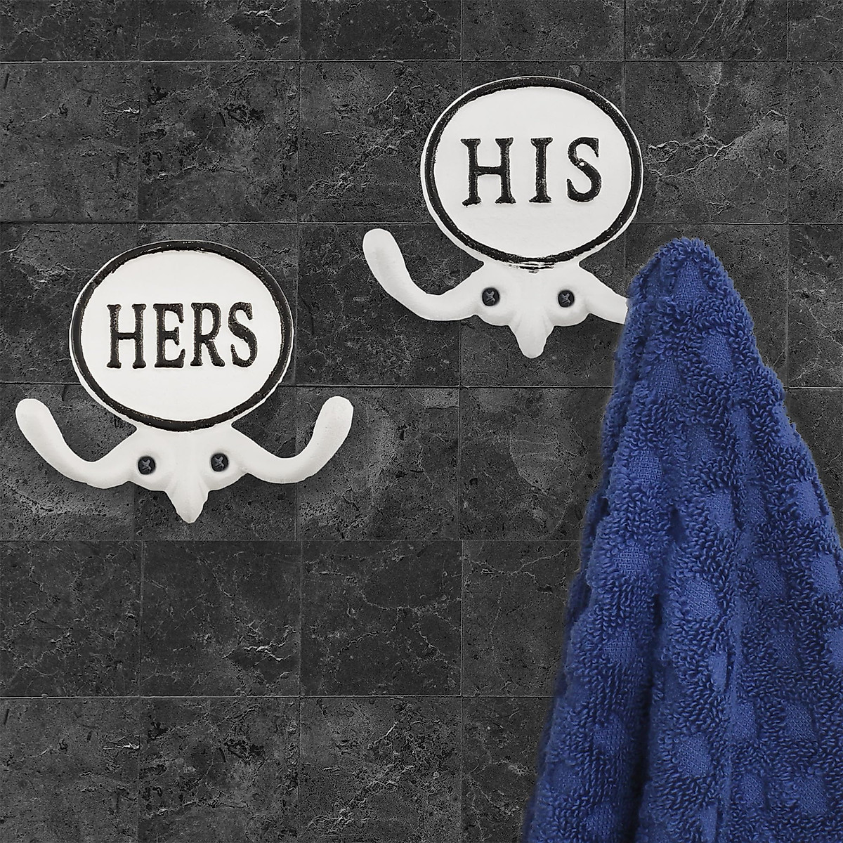 AuldHome Design His and Hers Towel Hooks (Set of 2); Cast Iron Rustic Farmhouse Decor Door Wall Hangers