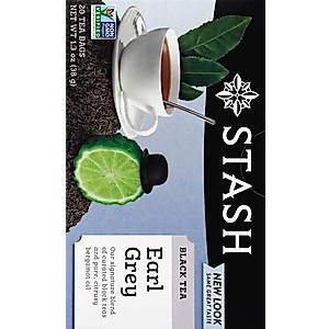 Stash Tea Earl Grey Black Tea, 20 Count Tea Bags Individually Wrapped in Foil, Black Tea with Citrus-y Bergamot, Premium Black Tea, Full Caffeine, Drink Hot or Iced