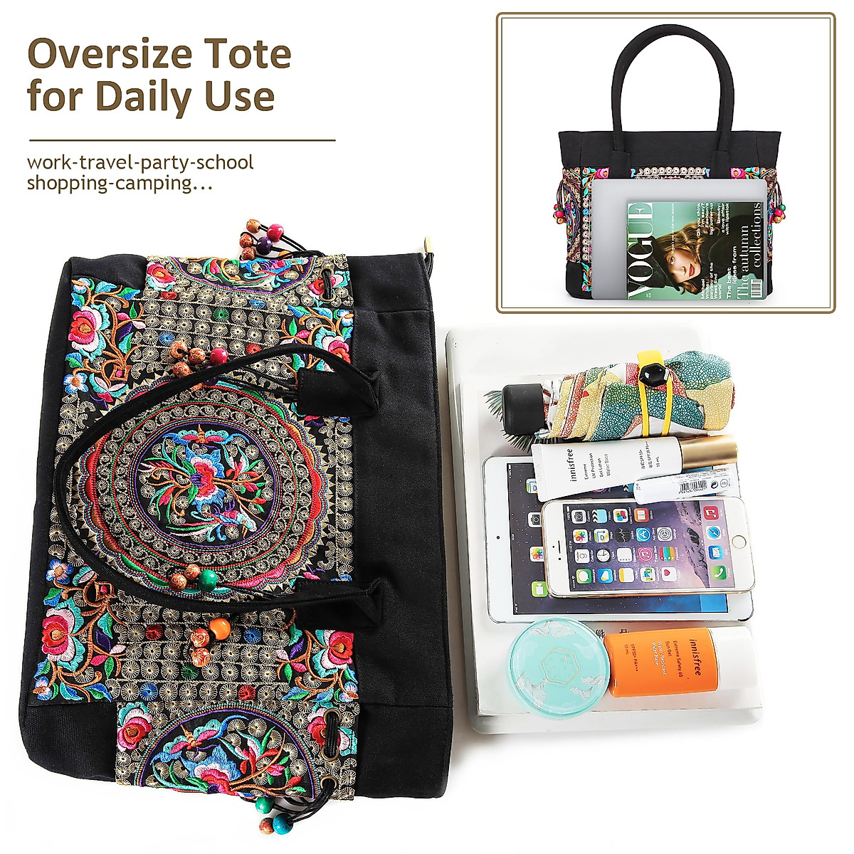 Embroidered Canvas Top Handle Handbag, Ladies Casual Vintage Shoulder Bag Fashion Tassels Handbag (Golden Flower)