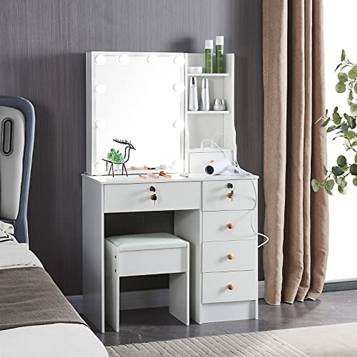 Makeup Vanity Desk with Lights, 3 Lighting Color Modes and Sliding Mirror, White Vanity Set Makeup Dressing Table with 6 Drawers and Multiple Shelves for Women, Girls
