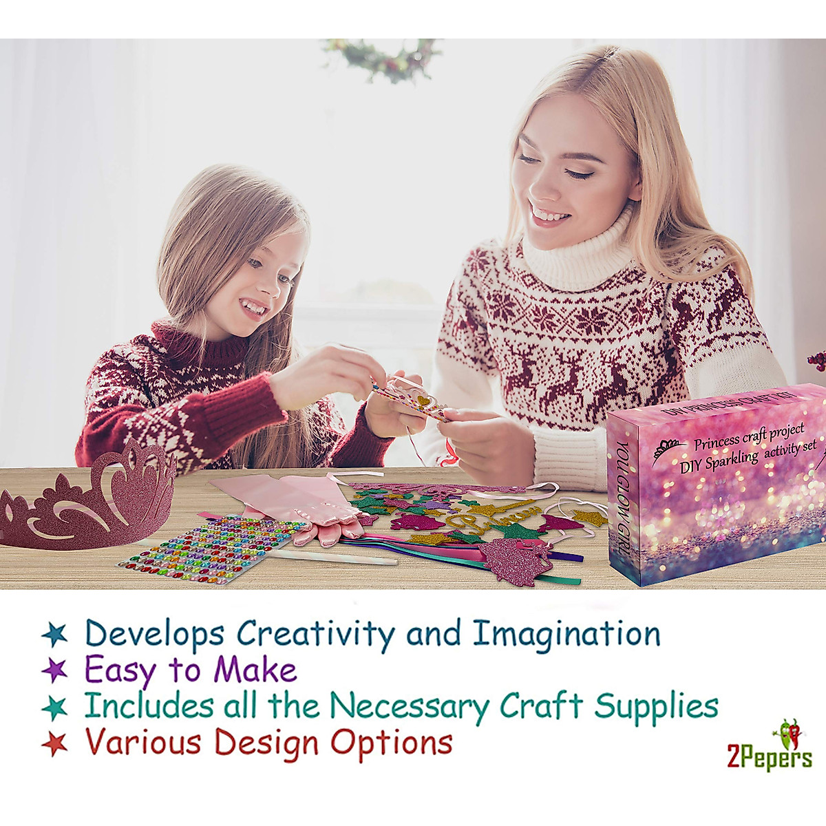 2Pepers Make Your Own Princess Craft Kit, Arts and Crafts for Girls, DIY Princess Dress Up Set, Kids Crafts Project- Cape, Tiara, Wand, Necklace and Gloves, Princess Toys Pretend Play Gifts for Girls