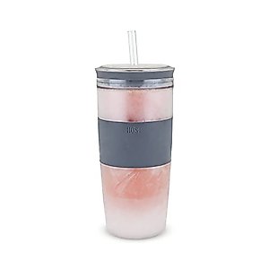 HOST Straw and Lid Plastic Double Wall Insulated Freezable Drink Chilling Tumbler with Freezing Gel Glasses for Red and White Wine, 16 oz, Grey