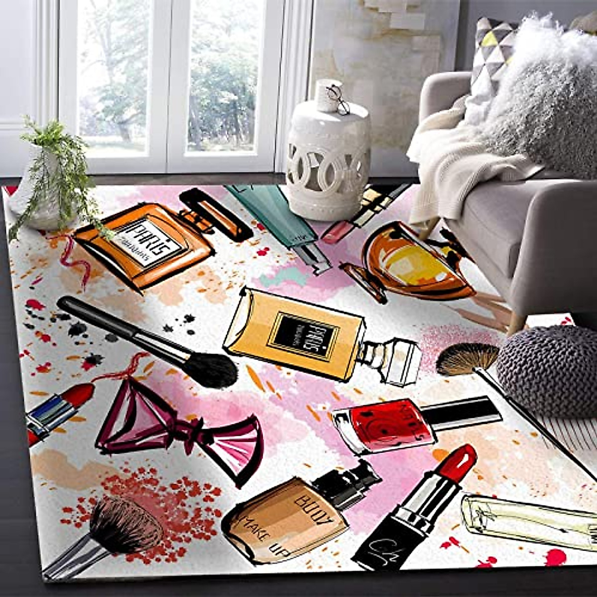 Perfume Lipstick Nail Polish Brush Area Rug, Fashion Women Makeup Theme Rugs Floor Carpet, Indoor Non-Slip Rug for Room Sofa Living Room Mat Bedroom Home Decor Floor Mats 2ftx6ft