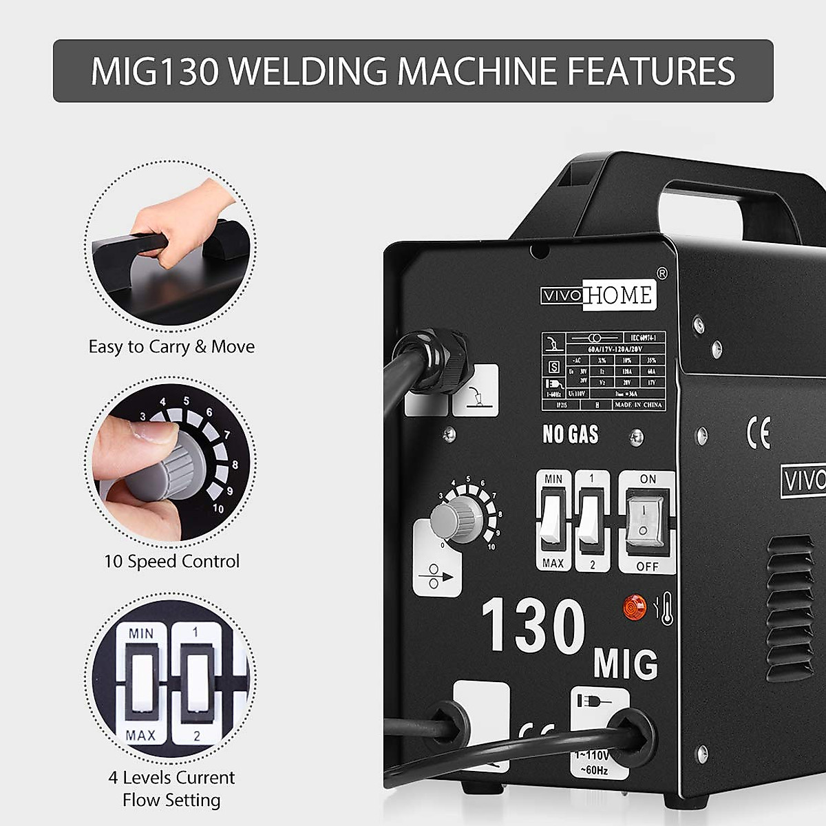 VIVOHOME MIG Welder 130 Flux Core Wire Automatic Feed Welding Machine Portable No Gas 110V DIY Home Welder w/Free Mask Black