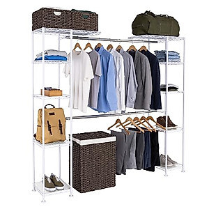 Seville Classics Closet Garment Organizer with Metal Hanging Rod Wardrobe Storage System, w/ Steel Shelves for Clothes, Shirts, Jackets, Coats, Blankets, Shoes, White, Expandable Rack