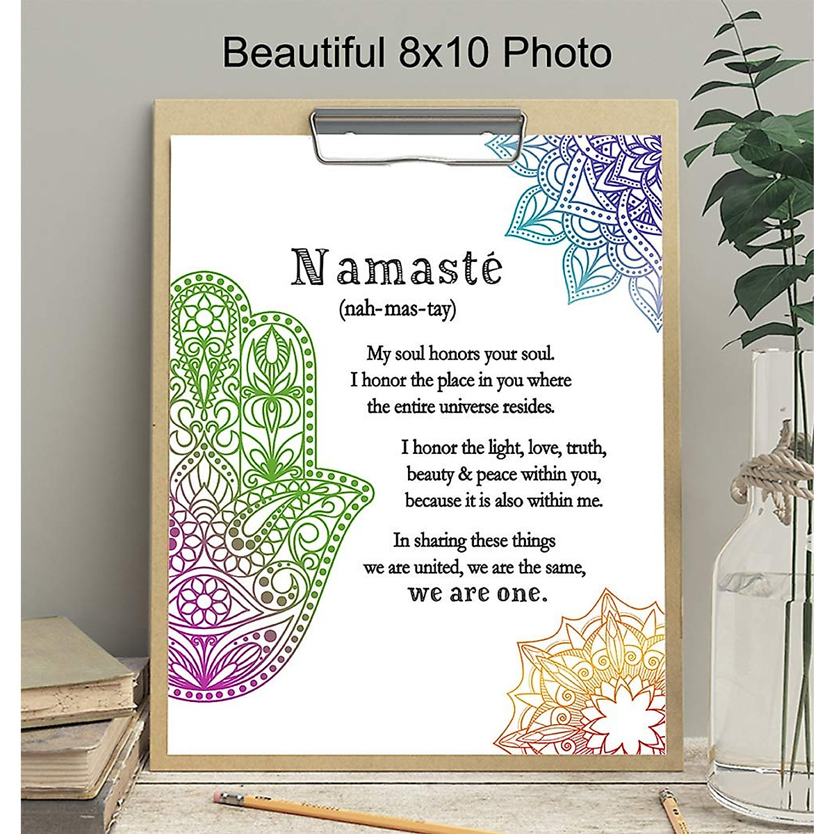 Zen Decor, Namaste Wall Decor, Buddha Wall Art - 8x10 Poster Print for Yoga Meditation Room, Spa Decoration - Spiritual Buddhist Gift With Hamsa Hand of Fatima, Mandala, Lotus