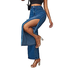 SCOMCHIC Womens Casual High Waist Ripped Side Slit Jeans Butt Lift Distressed Stretchy Wide Leg Denim Jeans Blue L