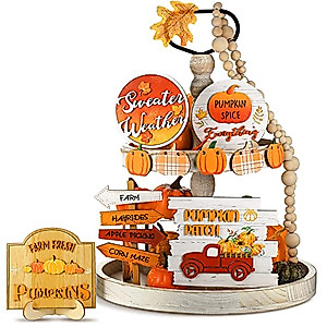 Thanksgiving Tiered Tray Decor Set Fall Tiered Tray Centerpiece Wooden Tabletop Signs Pumpkin Truck Spice Blocks Directional Sign Rustic Farmhouse Autumn Harvest Decorations (Pumpkin Style, 10 Pcs)