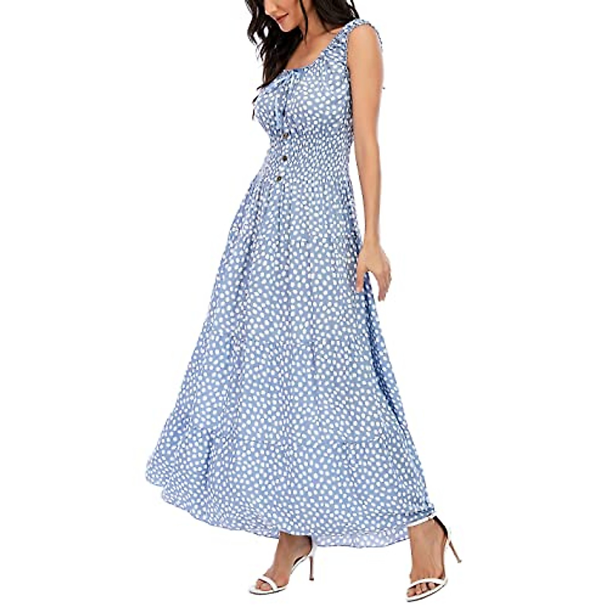 OSTOO Women's 2023 Summer Sleeveless Boho Floral Print Tiered Casual Flowy Long Maxi Dress (Blue, L)