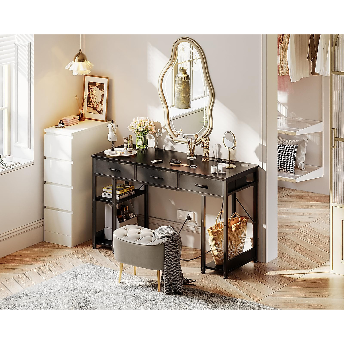 AODK 48 Inch Gaming Desk with Fabric Drawers & Power Outlets, Computer Desk with Storage Shelves & CPU Stand, Gamer Table, Writing Study Desk with Type-C & USB, Small Desk for Bedroom, Black