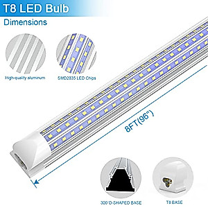 SHOPLED 8FT LED Shop Light Fixture, 90W 11700LM 6000K Cool White, D Shape, High Output, Clear Cover, T8 Linkable 8 Foot LED Tube Light for Garage with Plug, Warehouse, Workshop, 4 Pack