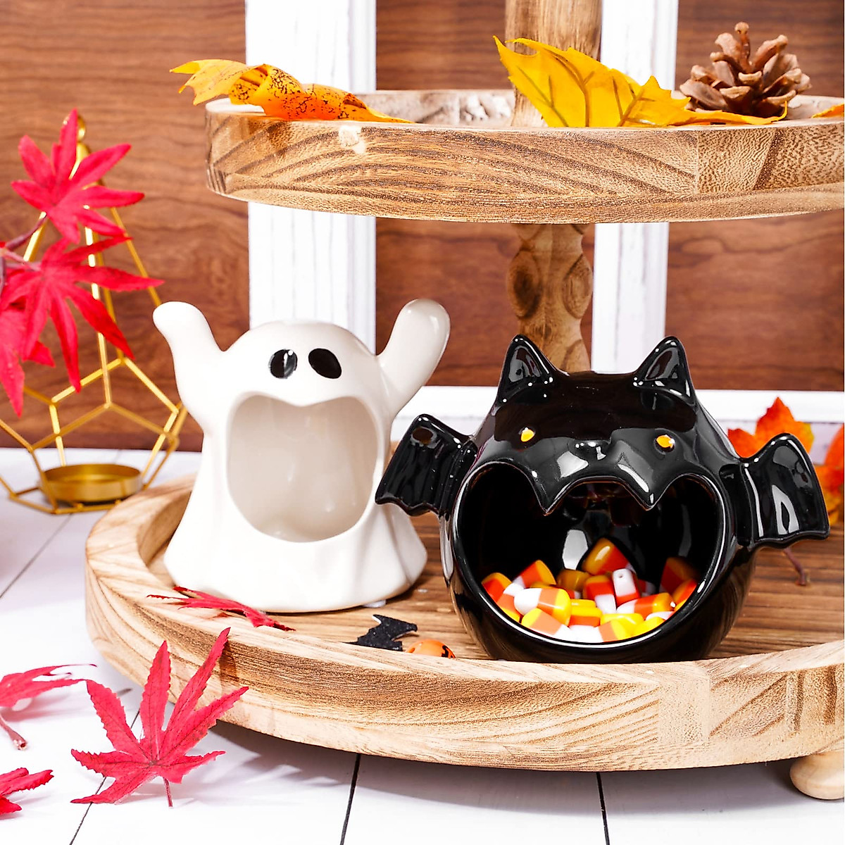Whaline 2Pcs Halloween Candy Dish Holder Bat Ghost Ceramic Dish Halloween Candle Holder Cute Candy Bowl Holiday Tired Tray Decor for Trick or Treat Halloween Party Decoration Supplies Gift