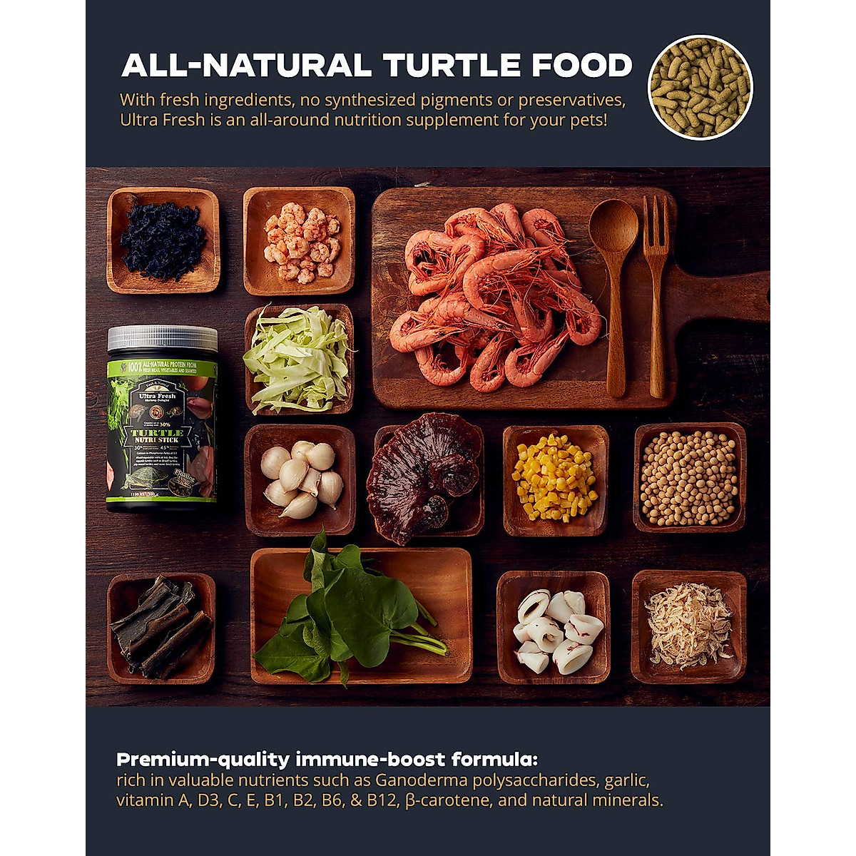 Ultra Fresh - Turtle Nutri Stick, Wild Sword Prawn, Calcium & Vitamin D Enriched Aquatic Turtle Food with Probiotics for Picky Turtles, Made from All Natural Ingredients 13.4 oz