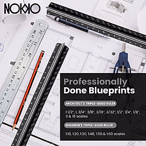 NOKKO Architectural and Engineering Scale Ruler Set - Professional Measuring Kit for Drafting, Construction - Imperial and Metric Conversion Table Included - Laser-Etched Markings, Anodized Aluminum