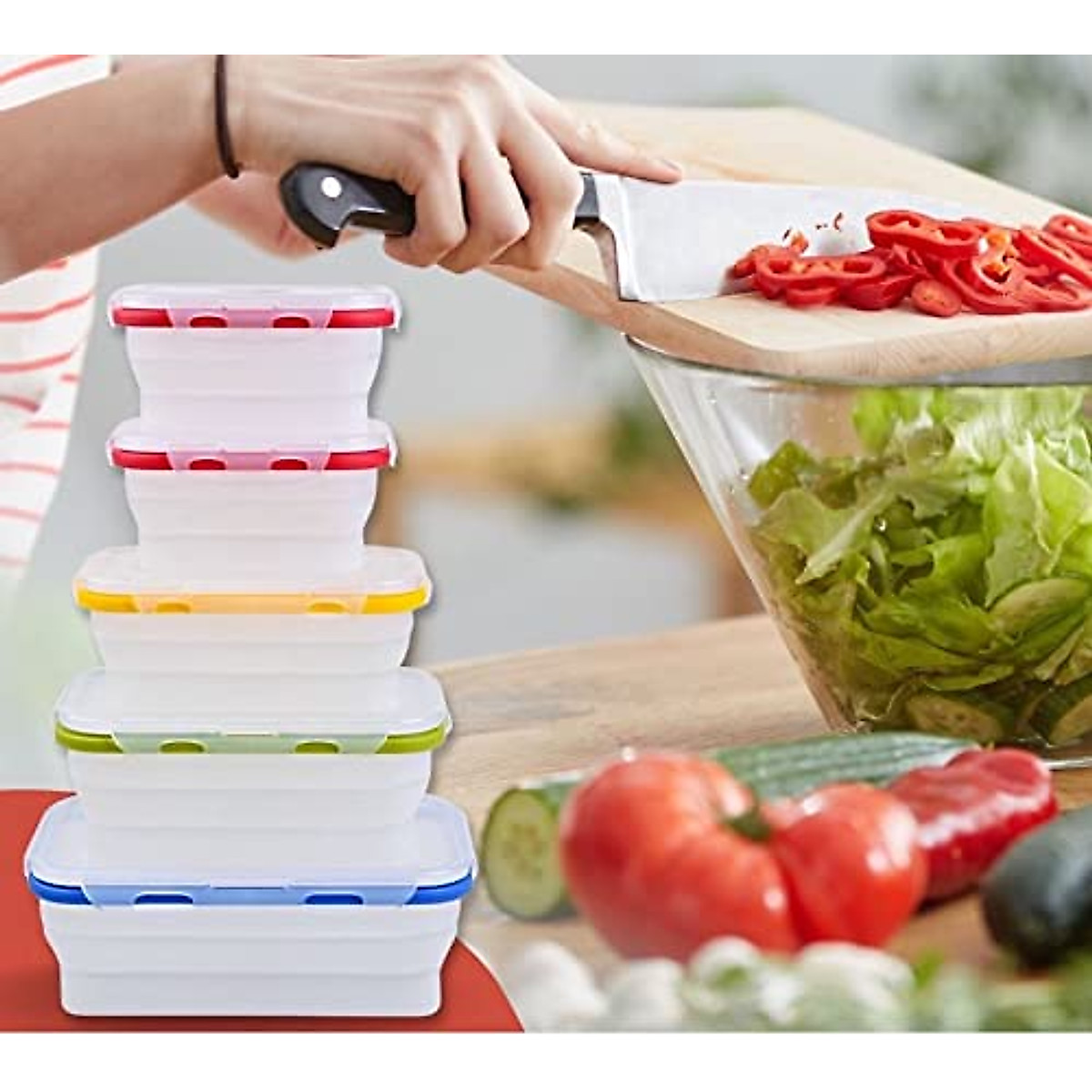 ECOBERI Collapsible Food Storage Containers, Airtight Snap-Top Lids, Microwave, Dishwasher Safe, BPA Free Silicone, Set of 5