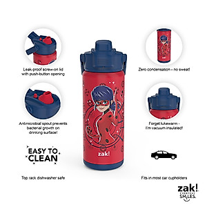 zak! Beacon Insulated Bottle, Miraculous Ladybug - 20 oz - Durable Stainless Steel - Double-Wall Vacuum Insulation, Silicone Spout & Push-Button, Leak-Proof Lid - Dishwasher Safe