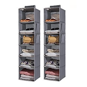 YRCBEHFU 2 Packs Hanging Closet Organizer Storage, 6-Shelf Hanging Shelves for Closet, Closet Clothes Organizer and Storage with Side Pockets, Grey